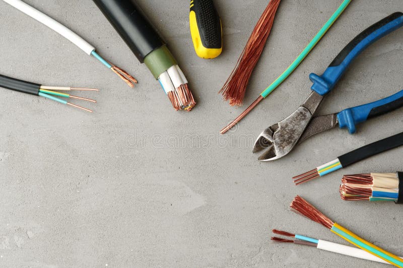 Electrical Tools and Wires on Gray Surface Stock Image - Image of ...