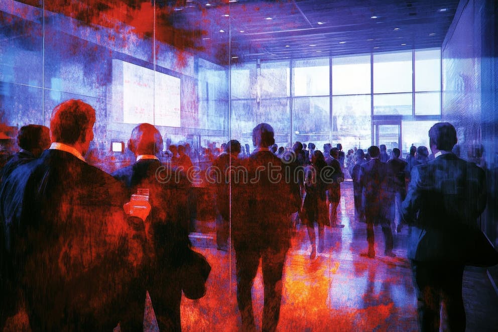 A Bustling Crowd Fills a Large Modern Space. Bright Light Streams through the Windows Creating ...