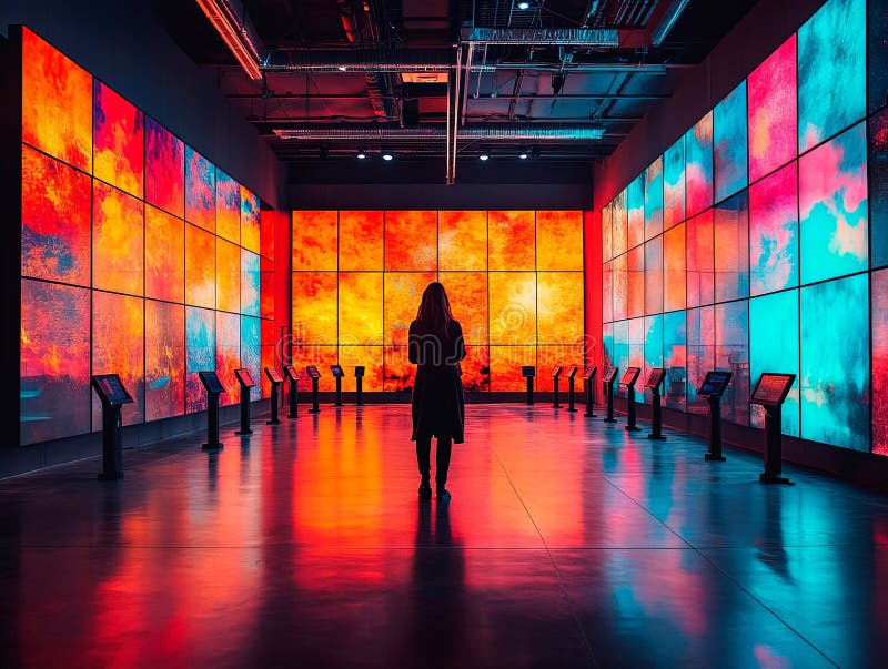 The Image Shows a Vibrant Gallery Space with Multiple Screens ...