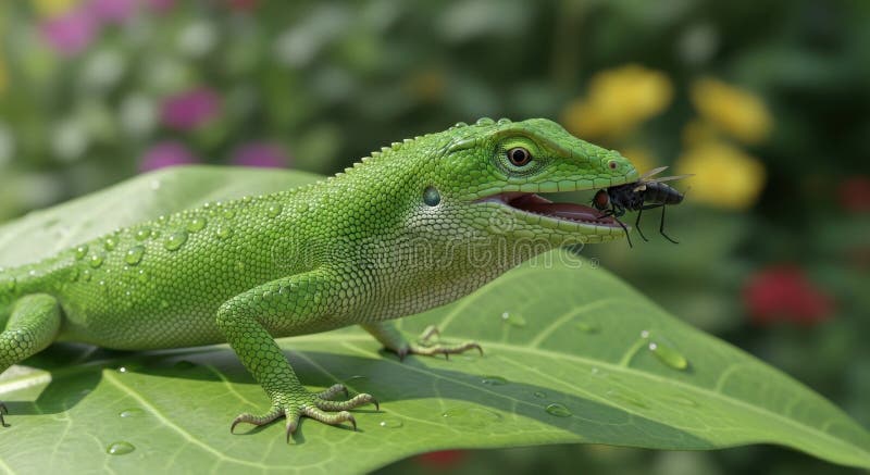 Green Lizard Eating Fly on Leaf in Garden Stock Illustration ...
