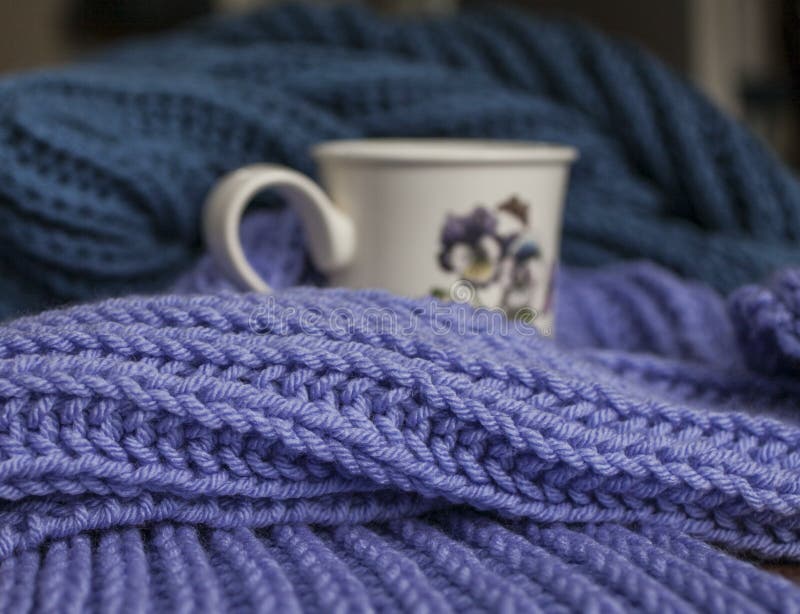 Violet and a Blue Scarf; a Cup of Tea; Still Life. Stock Image - Image ...