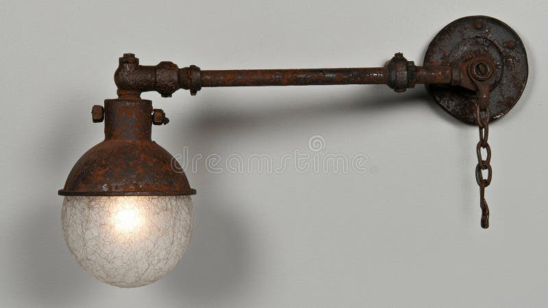A Rusted Lamp with a White Glass Shade and a Chain Hanging from it ...