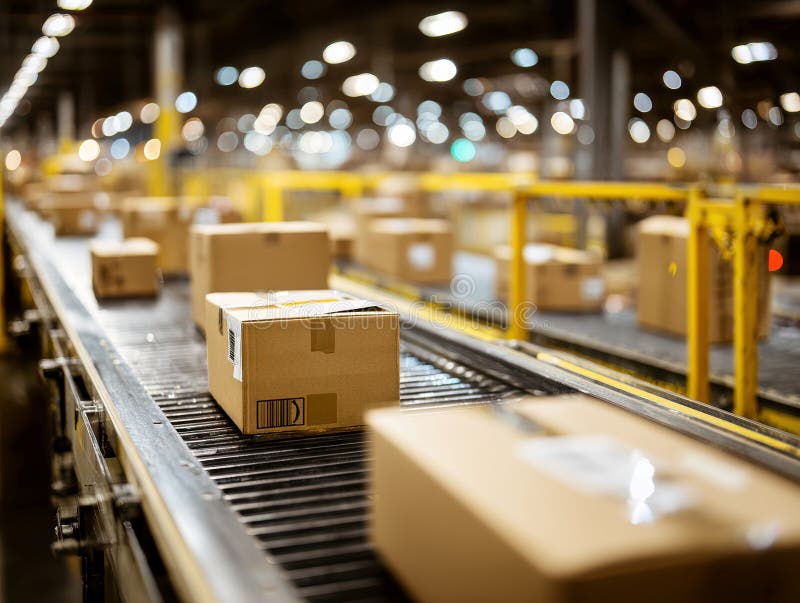 Image Shows a Warehouse with Conveyor Belts Carrying Cardboard Boxes ...