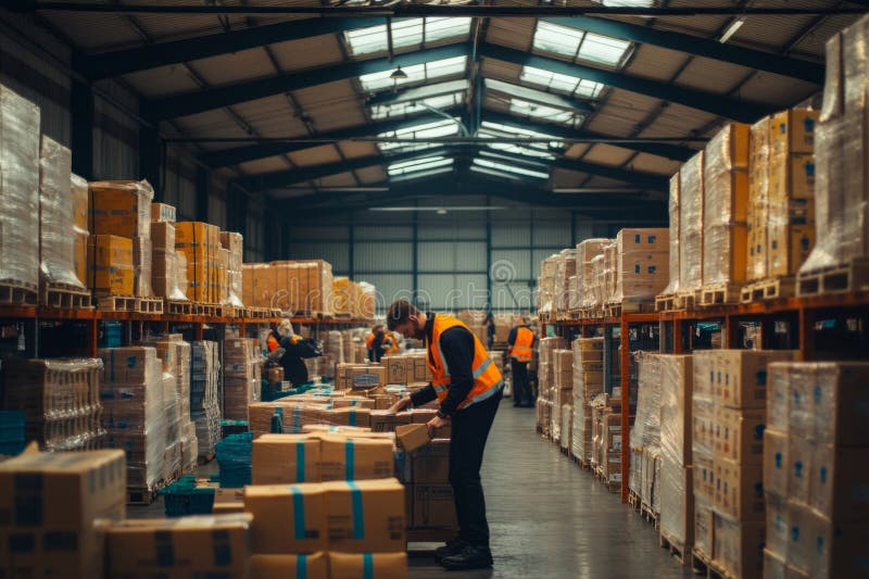 Warehouse Workers are Busy Organizing Packages in a Large Storage Space ...