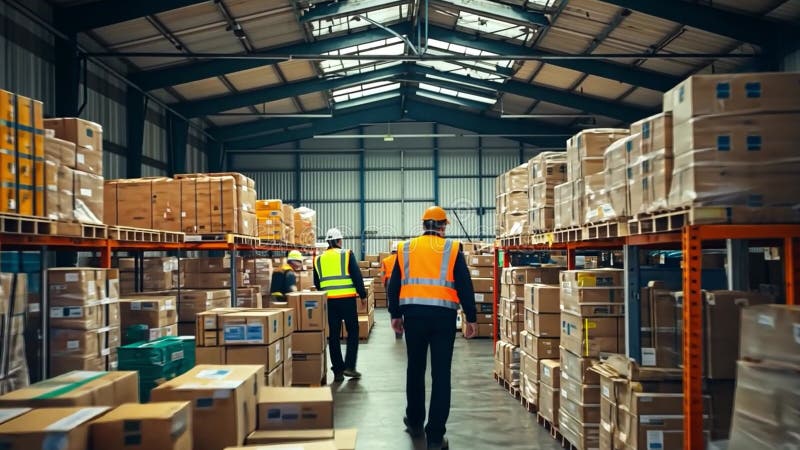 Warehouse Workers are Busy Organizing Packages in a Large Storage Space ...