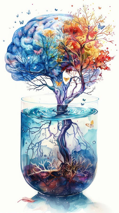 The Image Shows a Watercolor Painting of a Brain-shaped Tree with Roots ...