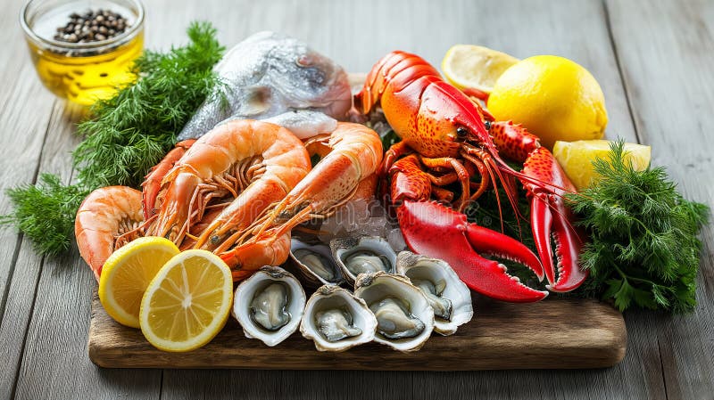 Carefully Prepared Seafood Assortment with Herbs and Lemons Awaiting ...