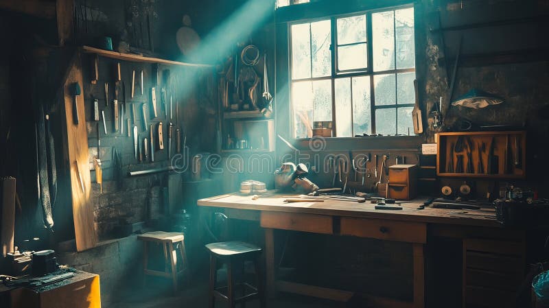 A Cozy Workshop Filled with Tools and Sunlight Streaming through the ...