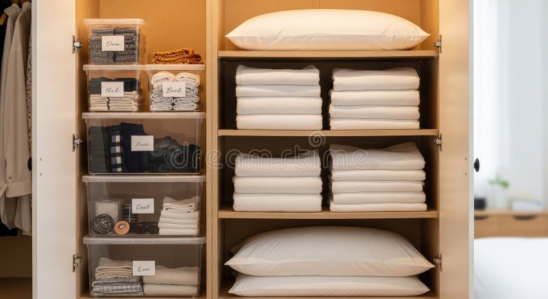Organized Closet with Linens and Labeled Storage Stock Illustration ...