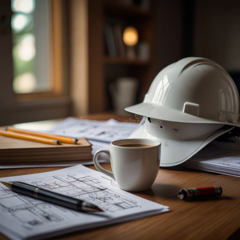 Construction Site Coffee Break: Hard Hat and Mug Amidst Blueprints and ...