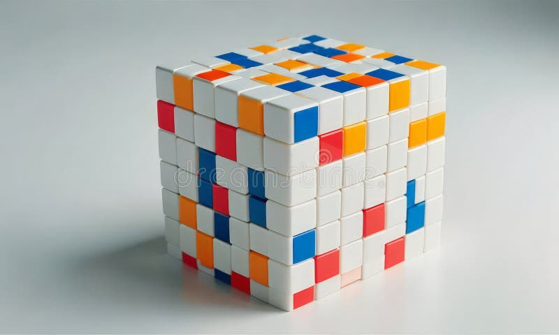White Cube with Grid Blue, Orange, and Red Squares is Tilted To the ...