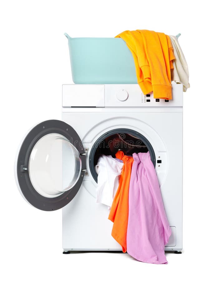 White Front Load Washing Machine with Clothes Hanging Out Stock Image ...