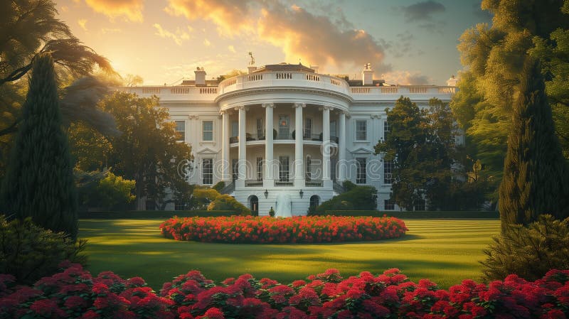 The White House at Sunset with Flowers in the Foreground Stock Photo ...