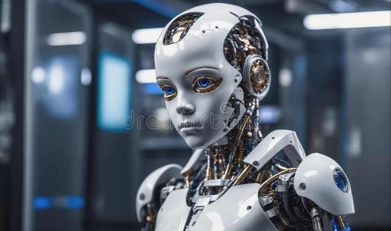 A White Humanoid Robot Stands in a Server Room, Its Blue Eyes Staring ...