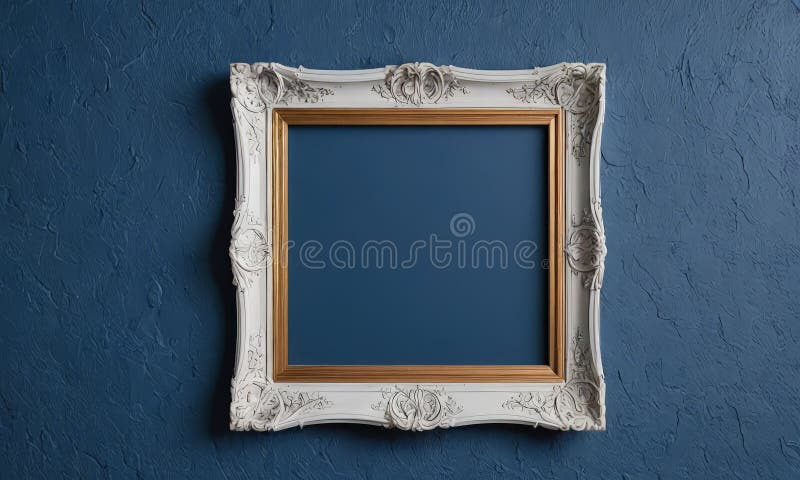 White Ornate Gold Frame with Blank Canvas Sits Against Textured Blue ...