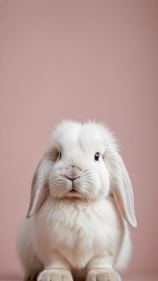 A Fluffy White Lop-Eared Bunny Rabbit Posed Against a Soft Pink ...