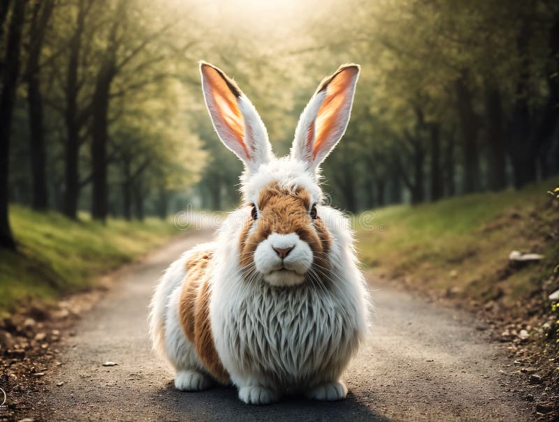 A White Rabbit Standing on the Side of a Dirt Road in a Forest. Stock ...