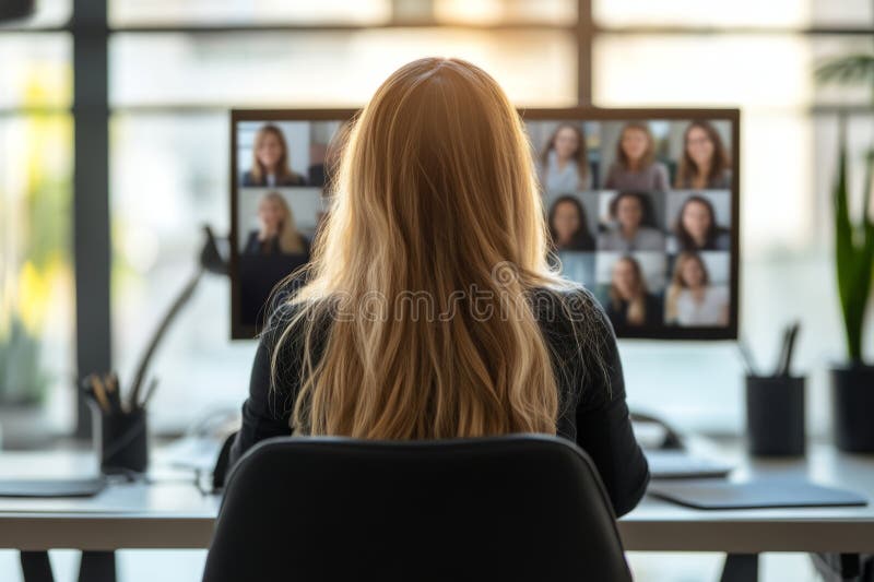 A Woman Working from Home on a Video Call with Multiple Screens. she is ...