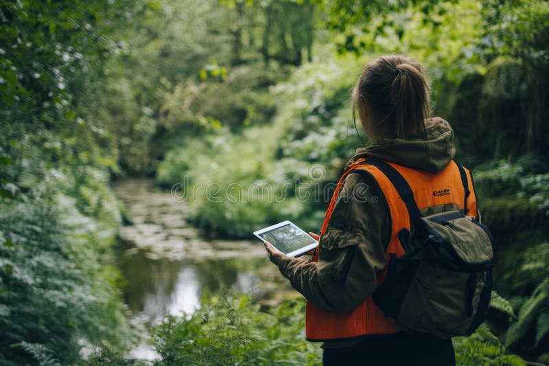 A Woman in an Orange Vest Stands by a Serene Stream. she Uses a Tablet ...