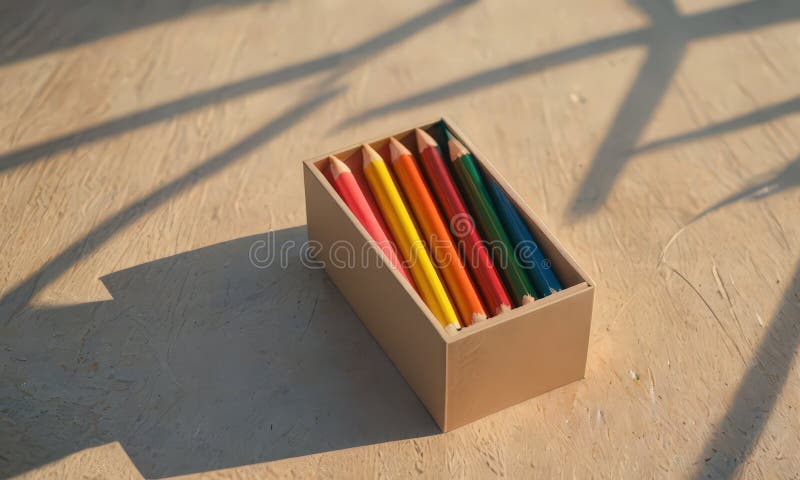 Wooden Box Filled with Colored Pencils Sits on Wooden Surface, Casting ...