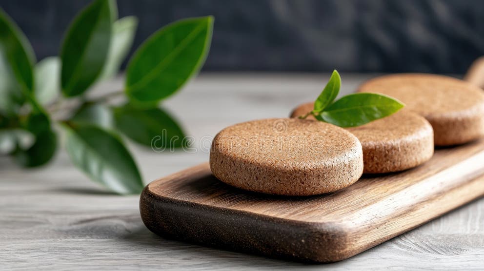 A Wooden Tray Holds Three Round, Brown, Cork-like Objects with Green ...