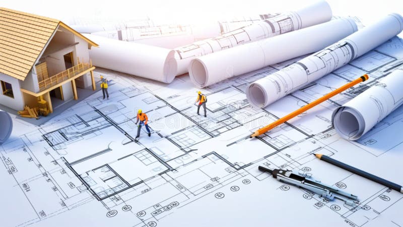 House Under Construction on Blueprints - Building Project Stock ...