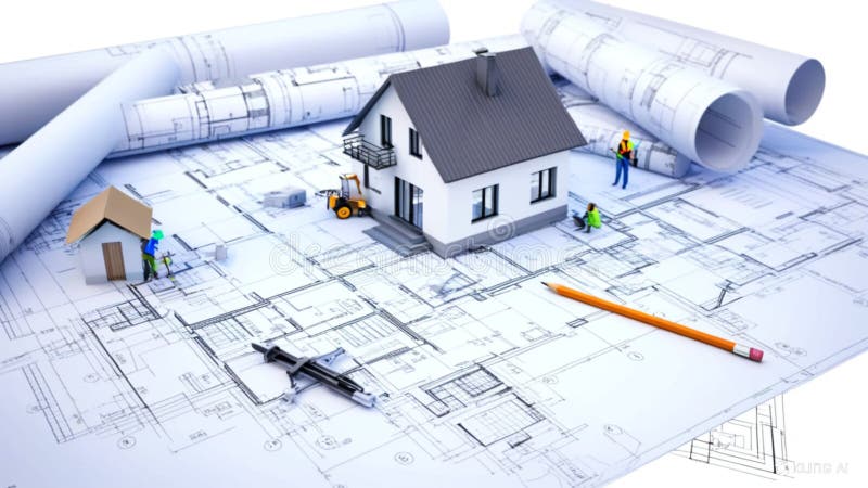 House Under Construction on Blueprints - Building Project Stock ...