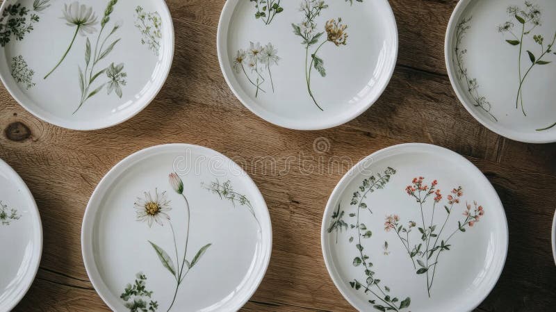 Floral Plates on Wooden Table Stock Illustration - Illustration of ...