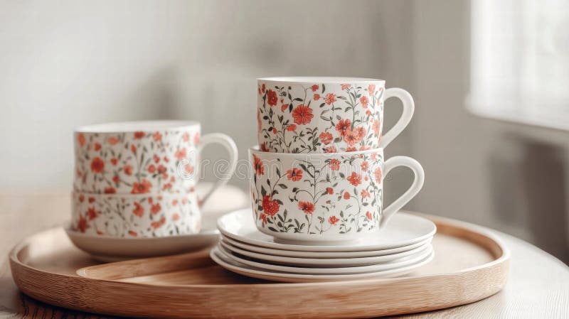 Floral Coffee Cups and Saucers Stock Illustration - Illustration of ...