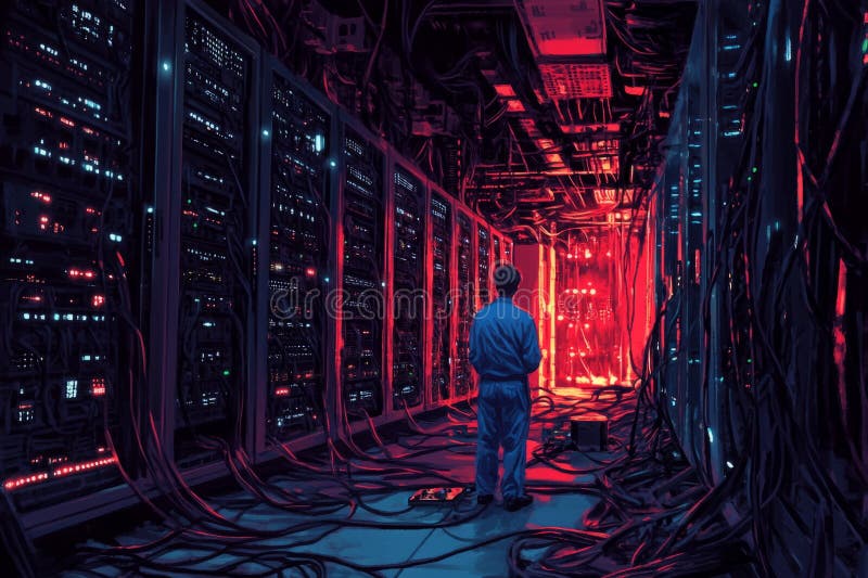 A Tech Worker Stands in a Data Center Surrounded by Servers and Cables ...