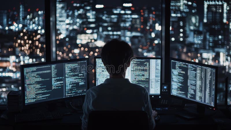 The Image Shows an it Worker Sitting at a Desk in Front of Three ...