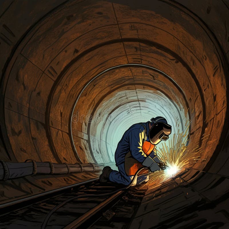 AI-Generated Image: Worker Welding in a Tunnel with Sparks Flying Stock Illustration ...