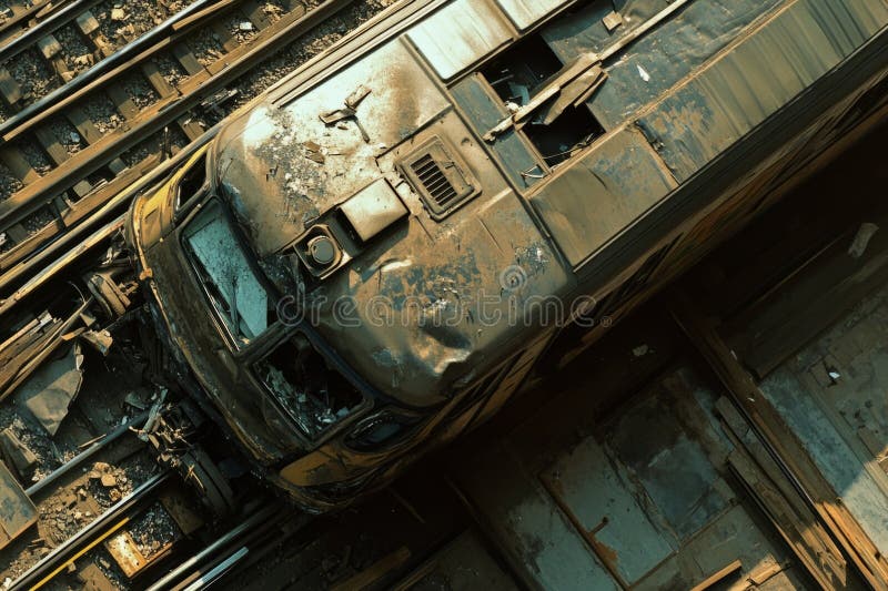 An Overhead View of a Rusty Train on Tracks. the Scene Captures the ...