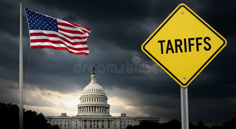 Tariffs Warning Sign Near US Capitol with American Flag Waving Stock ...