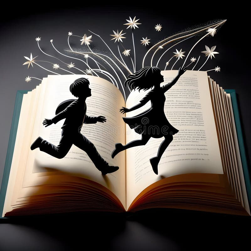 Image of a Silhouette of a Children, Cut from a Book Page and Flies Out ...