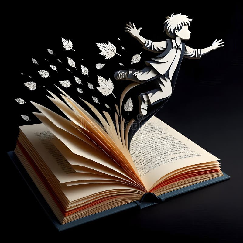 Image of a Silhouette of a Children, Cut from a Book Page and Flies Out ...