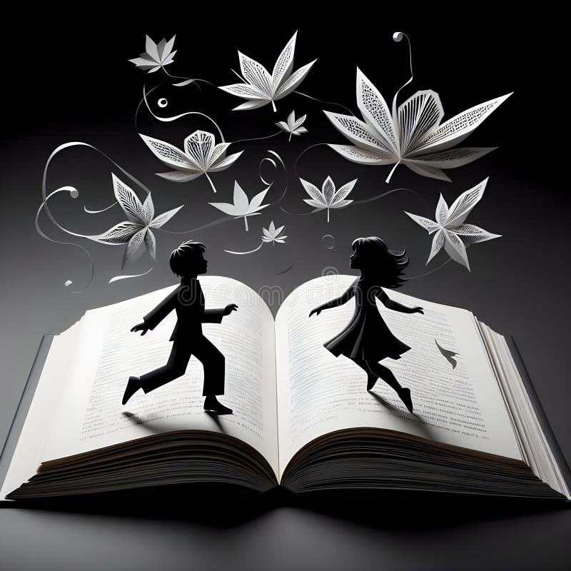 Image of a Silhouette of a Children, Cut from a Book Page and Flies Out ...
