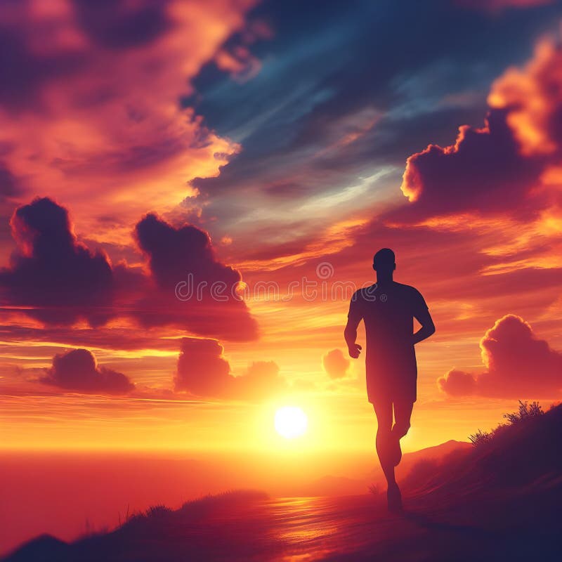 Image of Silhouette of a Jogger Walking into the Sunset, Dreamy and ...