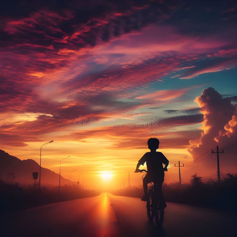 Image of Silhouette of a Person Riding the Bicycle into the Distance ...