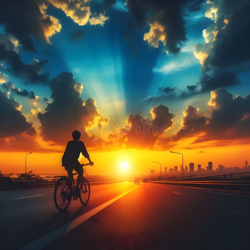Image of Silhouette of a Person Riding the Bicycle into the Distance ...