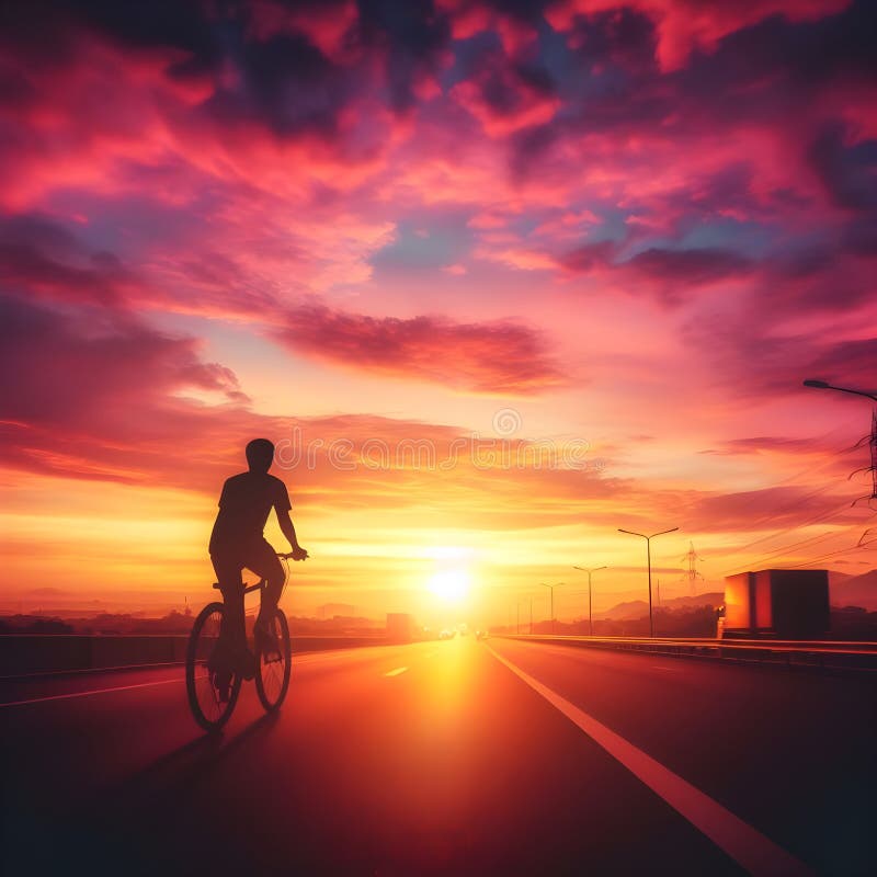 Image of Silhouette of a Person Riding the Bicycle into the Distance ...