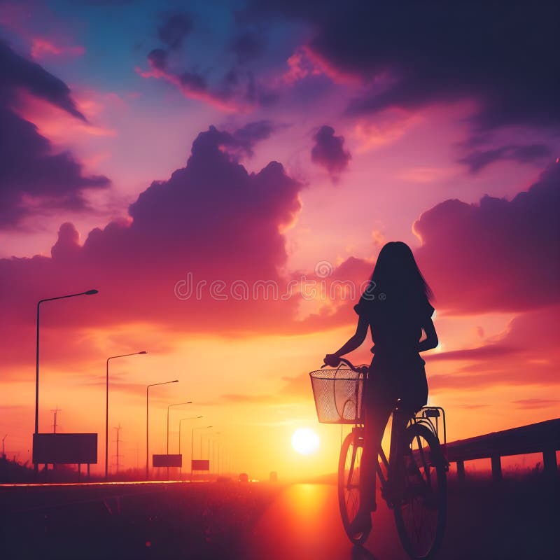 Image of Silhouette of a Person Riding the Bicycle into the Distance ...