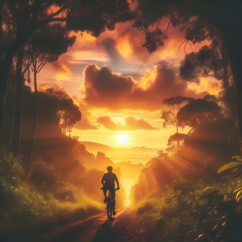 Image of Silhouette of a Person Riding the Bicycle into the Distance ...