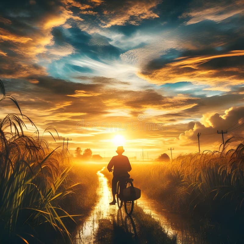 Image of Silhouette of a Person Riding the Bicycle into the Distance ...