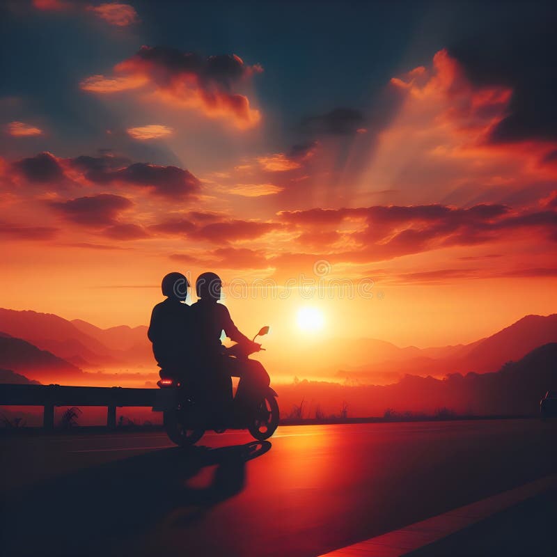 Image of Silhouette of a Person Riding His Motorbike into the Distance ...