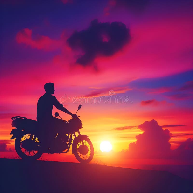 Image of Silhouette of a Person Riding His Motorbike into the Distance ...