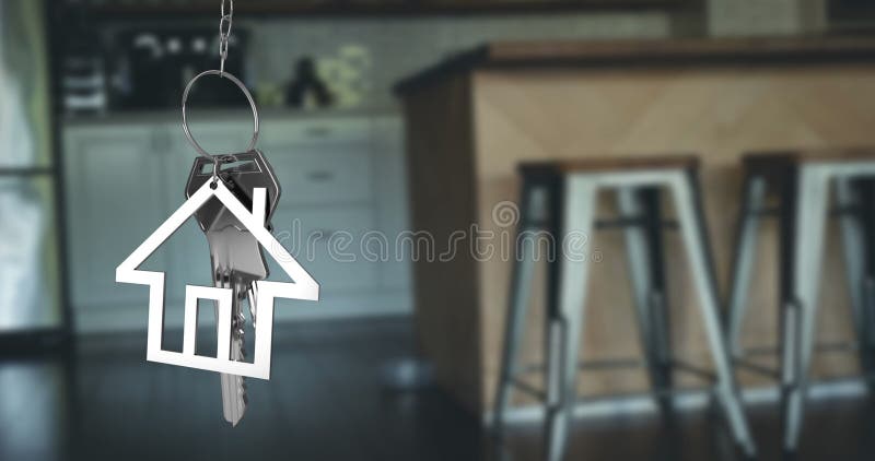 Image of Silver House Keys and House Shaped Key Fob Hanging Over an Out ...