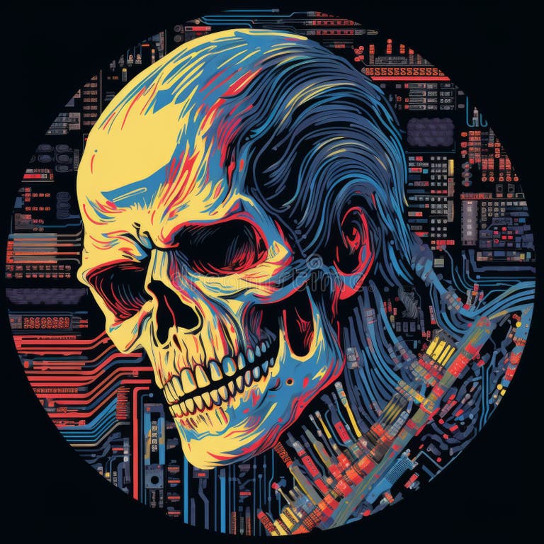 An Image of a Skull in Front of an Electronic Circuit Board Stock ...