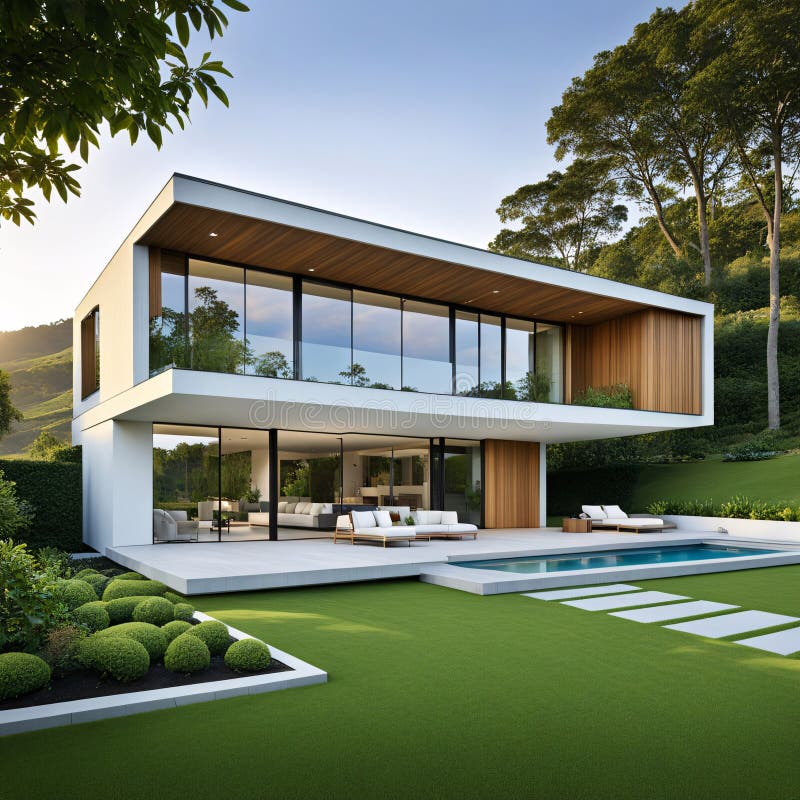 Modern Minimalist Home Amidst Lush Greenery and Rolling Hills at Dusk ...