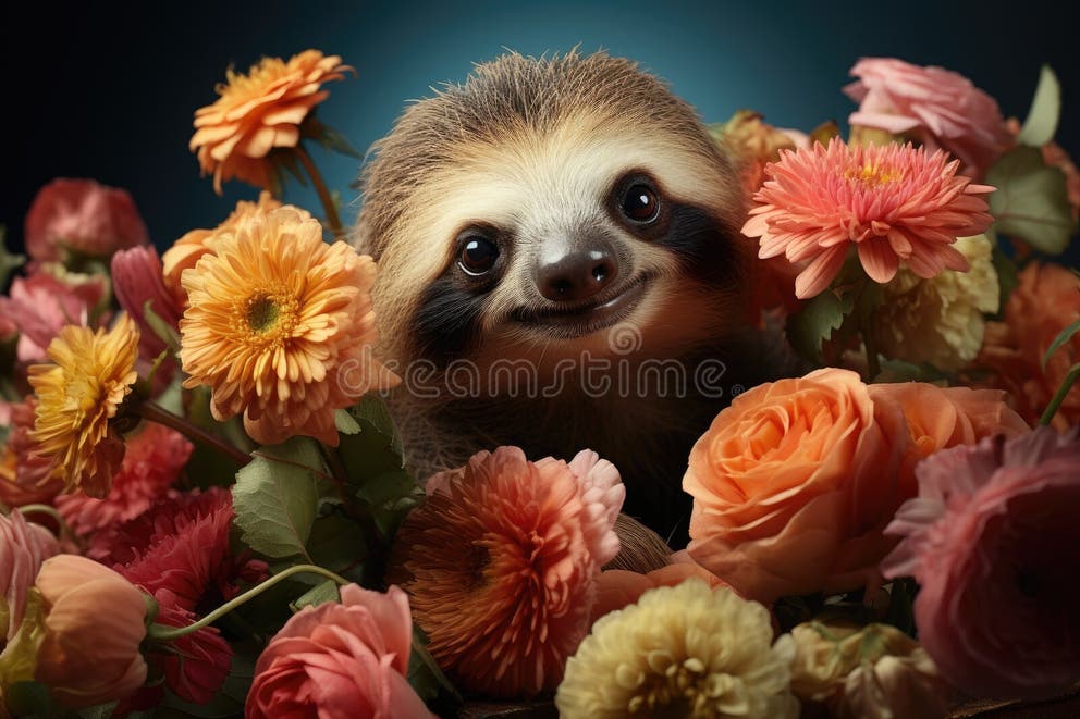 Image of Sloth with Colorful Tropical Flowers Stock Illustration ...